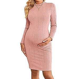Ekouaer Maternity Dress Rib Knit Mock Turtleneck Long Sleeve Stretchy Bodycon Pregnancy Dresses Pink S