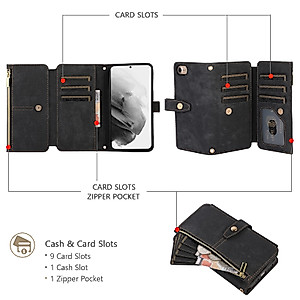 UEEBAI Case for iPhone 7 Plus/iPhone 8 Plus, 9 Card Slots Retro Leather Wallet Shockproof Flip Cover with Hand Strap Card Slots Zipper Pocket Kickstand Handbag Magnetic Closure - Retro Black