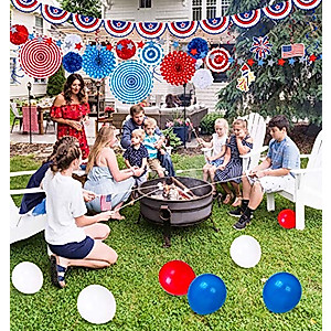 66PCS 4th/Fourth of July Decorations Set - Patriotic Paper Fans+Tissue Pom Poms+Star Streamer+American Flag Banner Garland+Hang Swirls+Balloons - Red White Blue USA Memorial Day Party Decor Supplies
