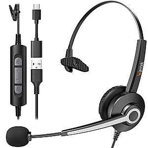 Wantek Monaural Corded USB Headsets with Noise Cancelling Mic and in-line Controls, UC Business Headset for Skype, SoftPhone, Call Center