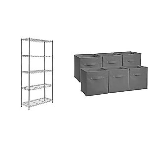 Amazon Basics 5-Shelf Adjustable, Heavy Duty Storage Shelving Unit, Steel Organizer Wire Rack, Chrome (36L x 14W x 72H) & Collapsible Fabric Storage Cubes Organizer with Handles, Gray - Pack of 6