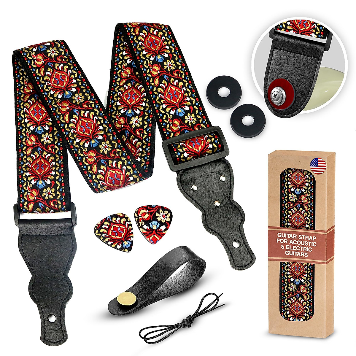 Guitar Strap For Acoustic Guitars , Electric Guitars and Bass , Red Vintage Woven Embroidered Adjustable Strap Includes 2 Strap Locks To Keep Your Guitar Safe & 2 Unique Picks and Pick Pocket