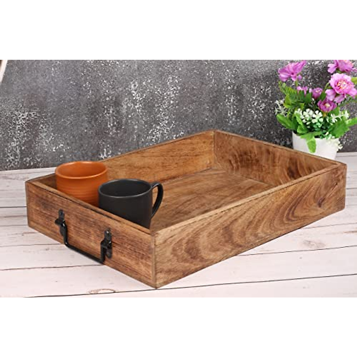 Wooden Decorative Serving Tray with Metal Handles | Wood Trays for Breakfast in Bed, Lunch, Dinner, Appetizers, Patio, Ottoman, Coffee Table, Party (15" X 11" x 2.75")