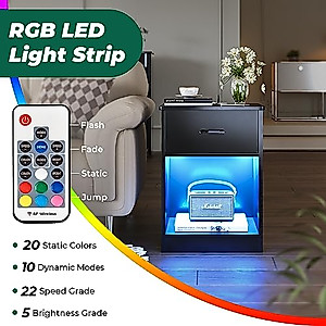 SUPERJARE L Shaped Gaming Desk with LED Lights & Power Outlets Reversible Computer Desk and Nightstands Set of 2 with Charging Station & LED Light Strips, Black