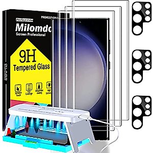 Milomdoi [3+3 Pack] UV for Samsung Galaxy S23 Ultra Screen Protector Tempered Glass Accessories 3 Pack screen protector samsung galaxy S23 Ultra 5G 3 Pack Camera Lens Protectors Case Fingerprint Fit