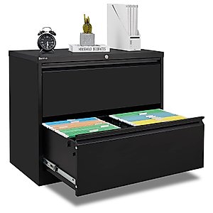 Bonnlo 35.5" Wide 2 Drawer File Cabinet with Lock, Black File Cabinets for Home Office, Metal Lateral File Cabinet & Printer Stand with Minimalist Design for Letter/Legal Size File Folders with Tabs