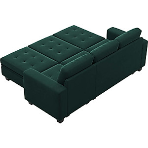 Belffin Green Velvet L-Shape Modular Convertible Sofa Bed with Storage, 83.4x62.2x35.8 inches, 6 Pieces, Medium Firmness