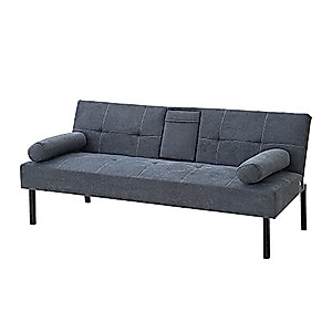 Panana Sofa Bed with Cup Holders,Convertible Sleeper Couch Bed Daybed, Upholstered Linen Fabric Folding Recliner, Futon Sofá, 3 Seaters for Living Room Furniture Sets,5 Positions Recliner in Gray