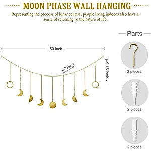 Mkono Moon Phase Wall Hanging Boho Aesthetic Room Decor Metal Moons Garland Hanging Art Bohemian Home Decoration for Girls Room Nursery Bedroom Livingroom Dorm, Ideal Gift, Gold, 50"