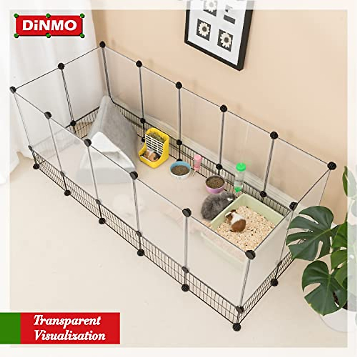 DINMO Rabbit Playpen, Guinea Pig Cages, Hamster Cages, Iron Net Bottom Design for Small Animal, Bunny, Ferret, Hedgehog, DIY, Expanded, Portable, Exercise Fence, 61.4 x 25.4 x 22.3 Inches