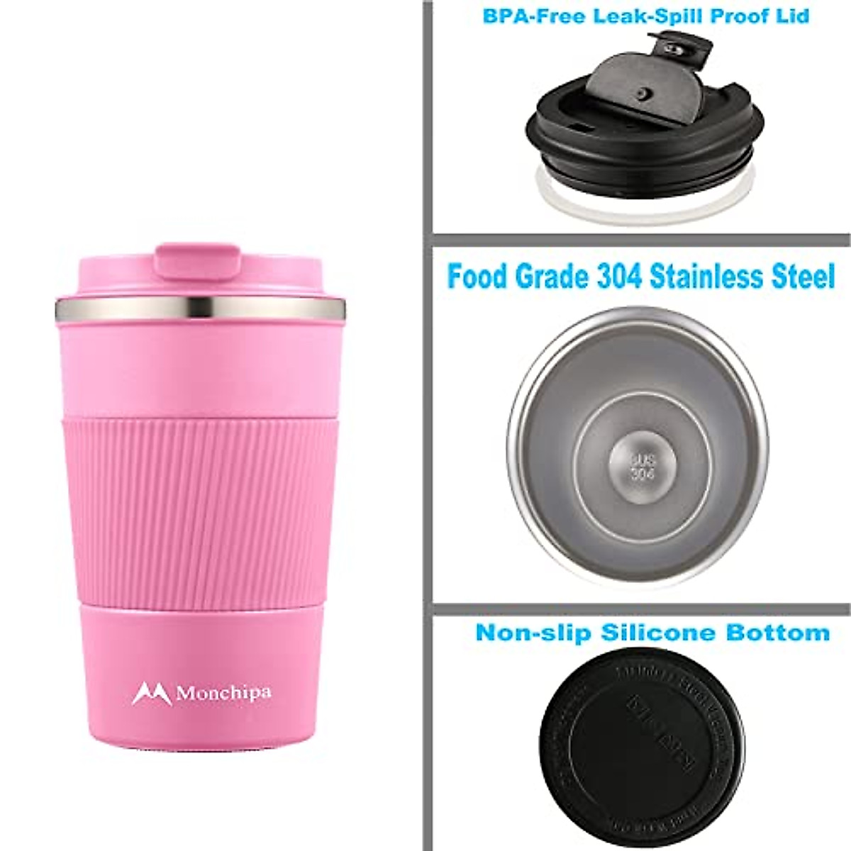 Travel Coffee Mug-12oz, Stainless Steel Coffee Cups, Double Wall thermos with Screw Lid - Spill Proof, Reusable Insulated Cup for Cold and Hot Beverages (Pink-12oz)