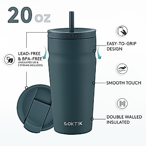 COKTIK 20oz Insulated Tumbler with Lid and Straw 2 Lids (Straw/Flip) Iced Coffee Cup Reusable Stainless Steel Travel Mug Water Bottle Cupholder Friendly for Women Men Her Him (Twilight Fog)