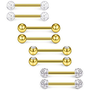 Ruifan 14G 9/16Inch Crystal Ball Nipple Tongue Shield Ring Barbell Body Piercing Jewelry Retainer 8PCS - Gold