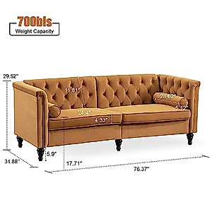 TTGIEET 76'' W Velvet Sofa Mid-Century Modern Love Seats, 3 Seater Sofa Couch with Two Bolster Pillows, Tufted futon Sofa Furniture for Living Room Bedroom Office （Ginger）