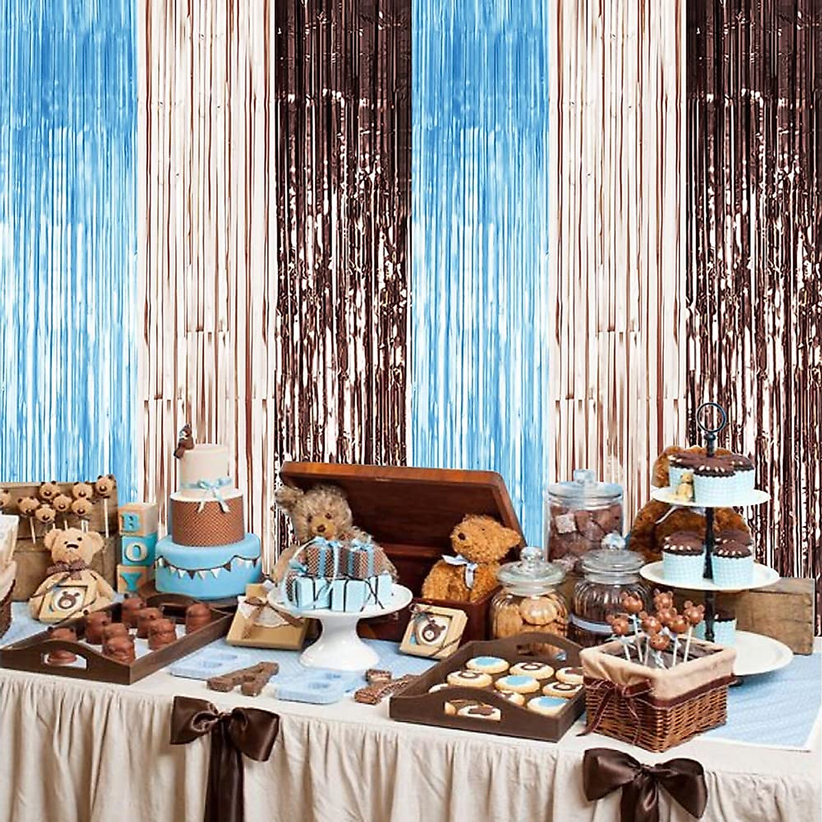 Teddy Bear Baby Shower Decorations for Boy Teddy Bear Theme Birthday Decorations Teddy Bear Party Backdrop Blue Tan Brown Foil Curtains Teddy Bear Party Decorations Teddy Bear Party Supplies