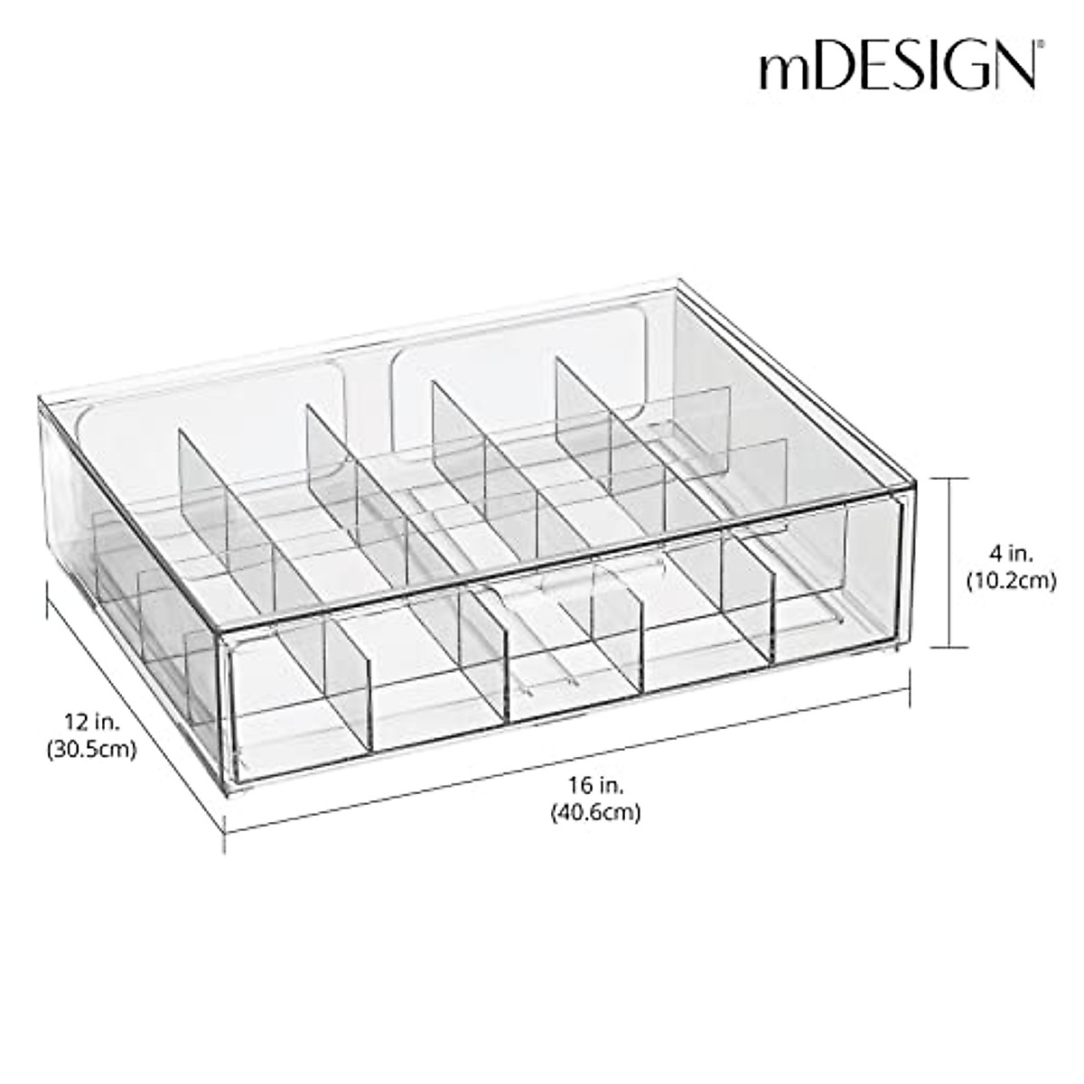 mDesign Divided Plastic Tea Organizer Bin with Drawer - Stackable Tea Bag Holder for Kitchen, Pantry, and Cabinet - Caddy with Small Dividers - 20 Sections - Lumiere Collection - 2 Pack - Clear
