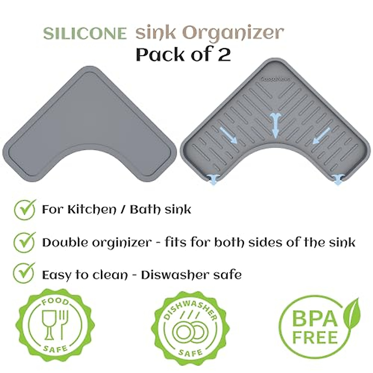 CassaNovo Silicone Soap Dishes Holder Sink/Shower Caddy - (Pack of 2) - Tray Organizer for Sink, Bathroom/Shower or Kitchen - Perfect for Dispenser,Scrubber,Bottle,Cup,Sponge on Sink or Counter (Gray)