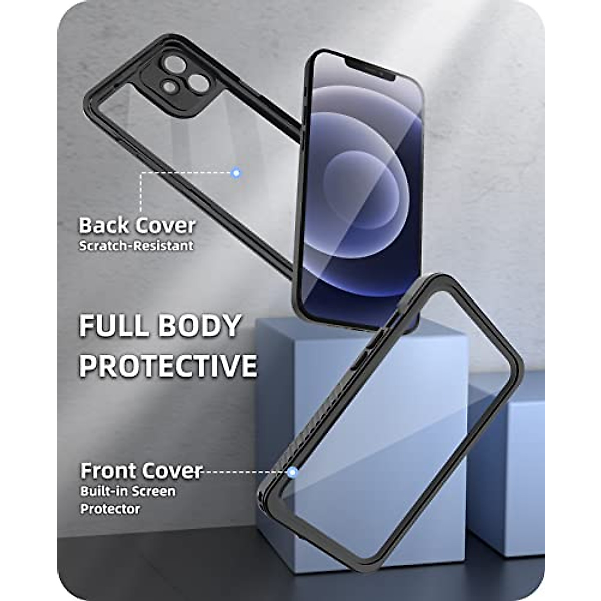 WIFORT iPhone 12 Waterproof Case - Built-in Screen Protector Water Resistant Cover Protective Drop Protection Hard, Shockproof Full Body Defender Tough Military Grade - 6.1" Black