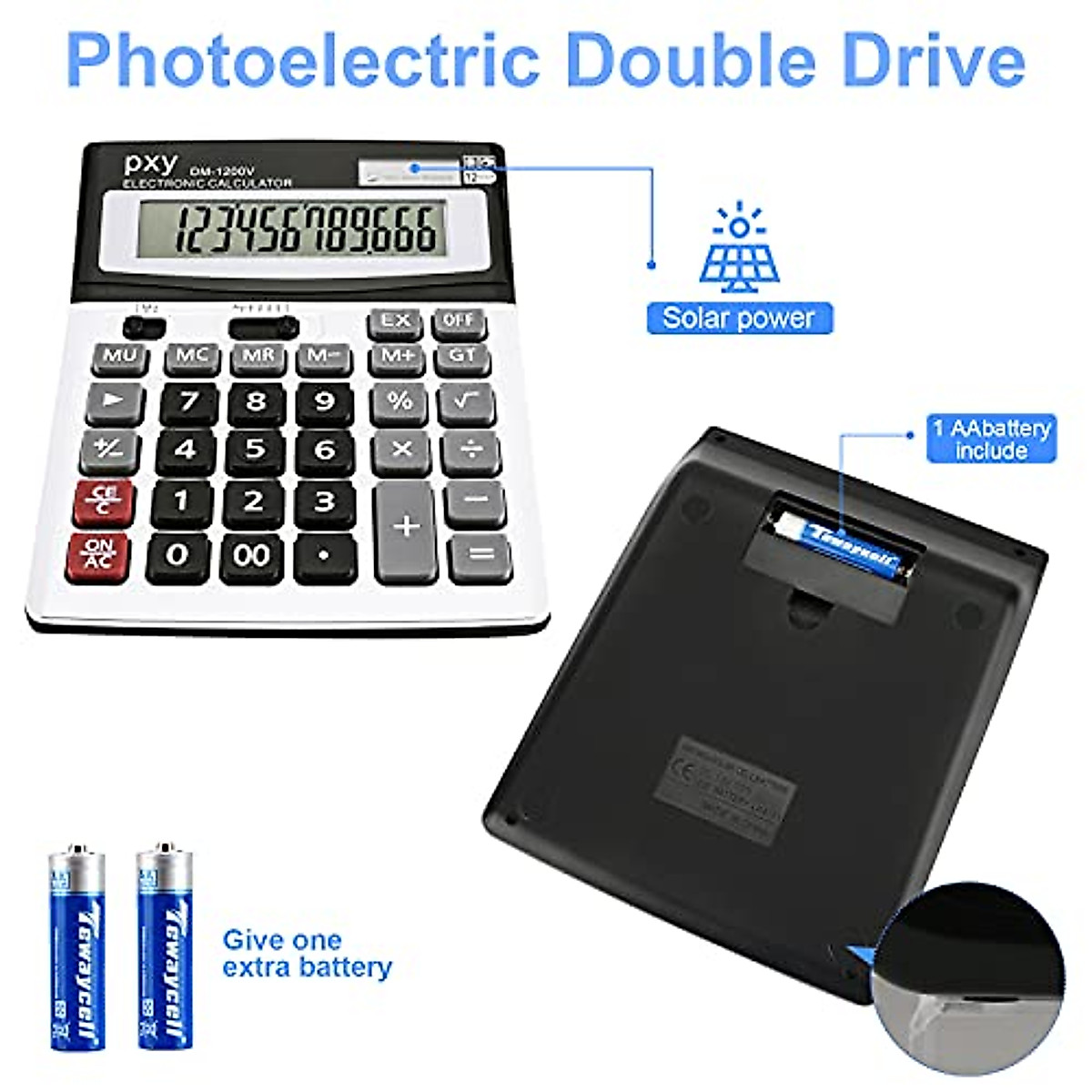 Desk Calculator 12 Digit Extra Large LCD Display, Touch Comfortable with Big Buttons, PXY Two Way Power Battery and Solar Standard Function Office Calculators