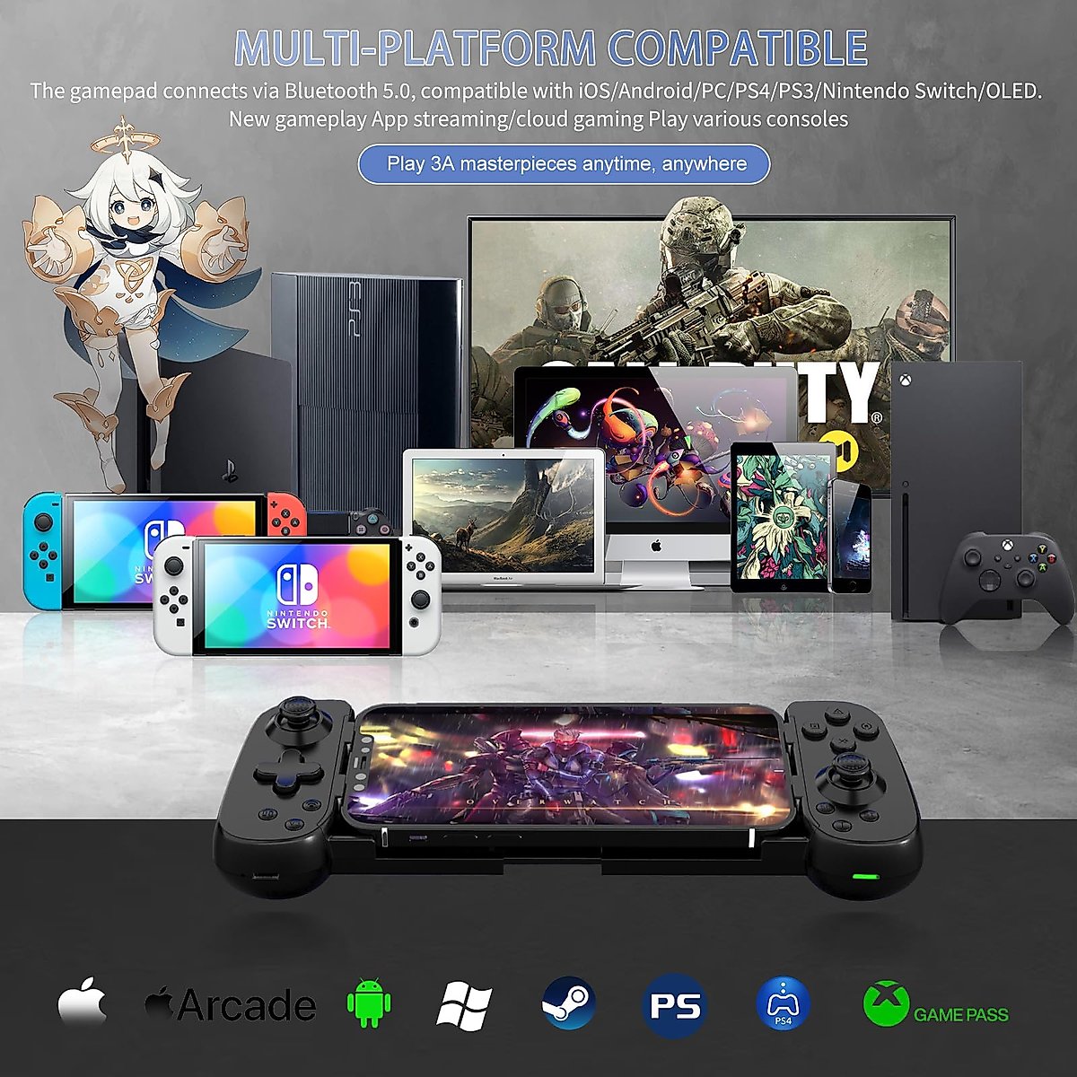 Wireless Controller for iPhone/Android/PC/iPad/Tablet/APPL Arcade MFi Games/Switch/PS4, Support Streaming on PS5/PS4/Xbox/PC Console, Cloud Gaming Gamepad Joystick - Turbo/6-Axis Gyro/Dual Motors