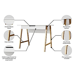 Parma 42 Inch Modern Desk - Home & Office Small Computer Desk with Wide Drawer - Wooden Study Writing Minimalist Desk with Storage for Small Space, Bedroom & Workstations - Student Desk/Table (White)