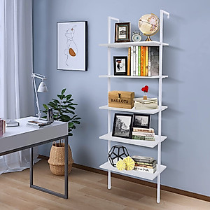 ANTSKU 5 Tier Wall Mounted Ladder Shelf, Ladder Bookshelf with Metal Frame and Wood Shelf, Modern Learning Bookcase for Living Room, Bedroom, Office (23.6" W x 11.8" D x 70.8" H, White)