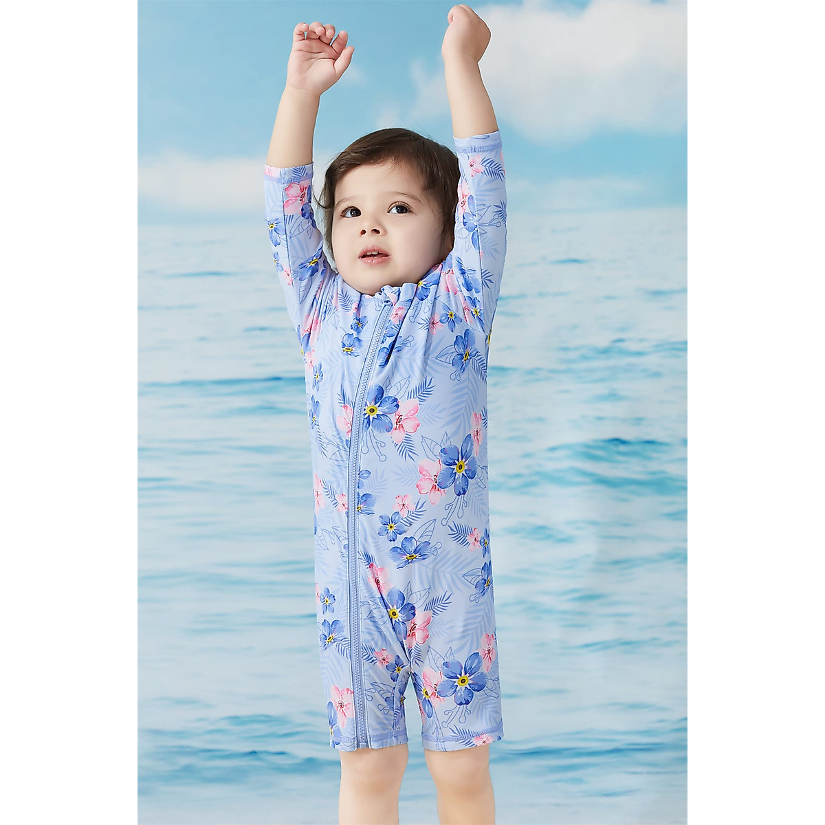 UMELOK Baby Girls Swimsuit One Piece Full Zip with Long Sleeve UPF 50+ Sun Protection Sunsuit Purple-Geranium,12M