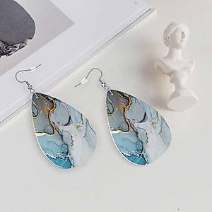 Water Alcohol Ink Leather Earrings for Women Sapphirine and Navy Blue Spots Marbling Art Teardrop Double-Sided Dangle Lightweight Leaf Earrings