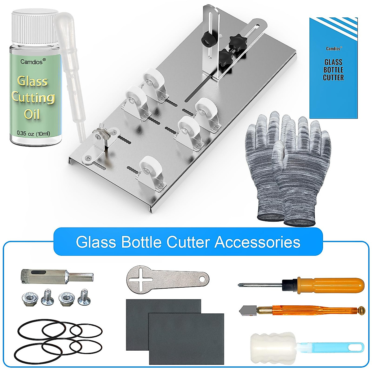 Glass Bottle Cutter, Upgraded Glass Cutter for Bottles with Glass Cutting Oil, Glass Cutting Kit for Wine, Beer, Liquor, Whiskey, Alcohol, Champagne, Bottle Cutter for Round Bottles by Camdios