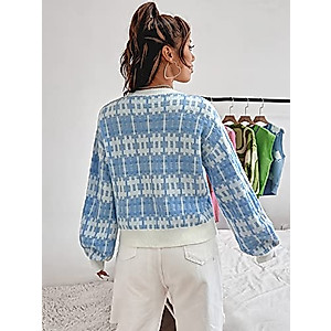 WDIRARA Women's Plaid Pattern V-Neck Long Sleeve Drop Shoulder Pullovers Sweater Blue M