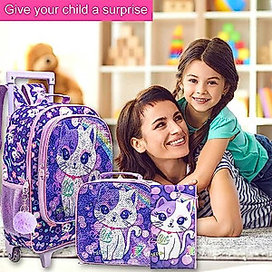 UFNDC 4PCS Rolling Backpack for Girls, Kids Cat Sequin Wheeled Bookbag ，Travel Roller School Bag with Wheels