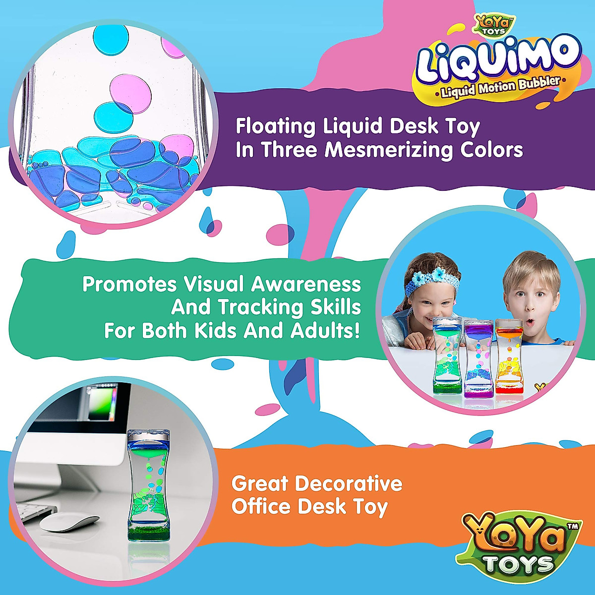 Yoya Toys Liquimo - Liquid Motion Bubbler for Kids and Adults (3-Pack) - Hourglass Liquid Bubbler - Timer for Sensory Play, Fidget Toy - Stress Management - Cool Desk Décor