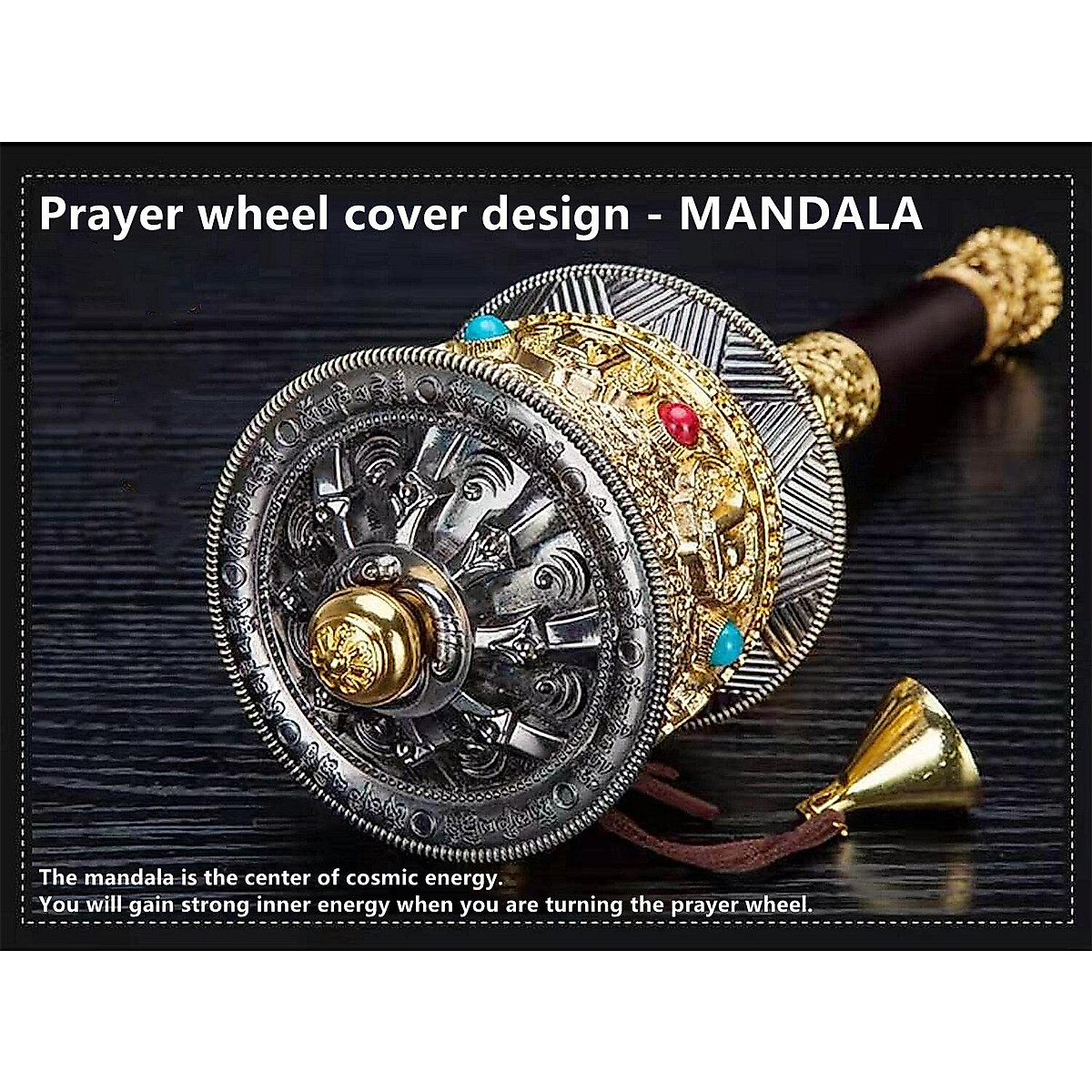 Copper Large Hand Held Prayer Wheel with Tibetan Buddhist Six-Character Truth Premium Buddha Scriptures, Wooden Handle Prayer Wheel for Praying, Blessing, Meditation, Healing, Relaxing, Yoga