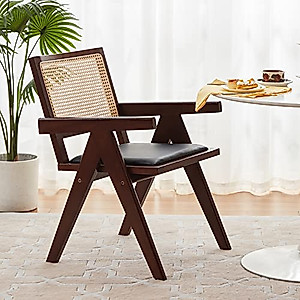 STARY Mid Century Modern Leather Rattan Dining Room Chair, 1 Pcs, Black