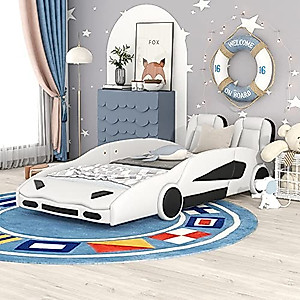 Merax Modern Wood Race Car-Shaped Bed Frame with Seat Wingback Fun Floor Car Bed for Boys Girls/No Box Spring Needed Twin White