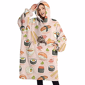 Oversized Wearable Blanket Hoodie Sweatshirt Sushi and Rolls on Pink Warm Flannel Blanket Sweater with Giant Pocket for Women, Adult, Girls, Friend