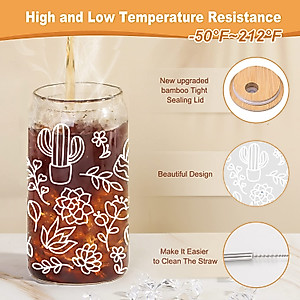 Plant Lover Iced Coffee Glasses with Bamboo Lids and Straw, Cute Cactus With Floral Drinking Beer Can Shaped Cup, Aesthetic Gardening Succulent Gifts for Plant Mom Women friend wife