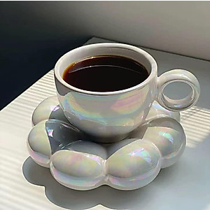 ARISKEY 10oz Ceramic Mug and Saucer Set,Cloud Coffee Mug with Coaster,Ideal for Tea and Coffee,Mothers Day Gift,Christmas Gift,White