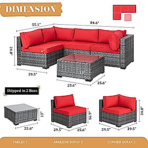 JAMFLY 5 Pieces Patio Furniture Sets, Wicker Outdoor Sectional Furniture with Glass Table and Cushions, Rattan Patio Conversation Sets for Garden, Poolside, Backyard (Red)