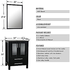 U-Eway 24 Inch Black Bathroom Vanity Square Tempered Glass Vessel Sink Combo 1.5 GPM Faucet Oil Rubbed Bronze Bathroom Vanity Top with Sink Bowl, 20-inch Deep and 30% Water Saving