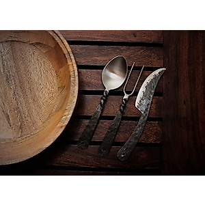 Handforged Medieval Cutlery Set - Stainless Steel Knife, Fork and Spoon Set - Includes Genuine Leather Utensil Pouch
