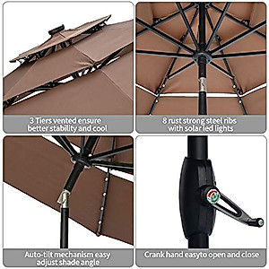 Klismos 10FT 3 Tiers Patio Umbrella with Lights Windproof Outdoor Market Umbrella Large Waterproof Table Umbrella with Tilt and Crank(Coffee)