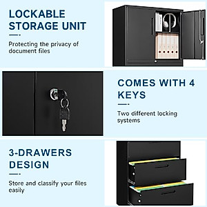 PEUKC 3-Drawer Metal File Cabinet, Lateral Vertical Filing Cabinets for Home Office, Locking File Cabinet with Storage Shelves, Legal/Letter/A4 Size Office File Cabinet,(Black, Assemble Required)