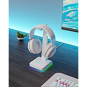 IFYOO RGB Gaming Headset Stand with 2 USB Ports, Game Headphone Mount for PC, Xbox One, PS4, Switch, Earphone Holder Hanger, Great for Gaming Stations, Fancy Desk Gamer Accessories, White