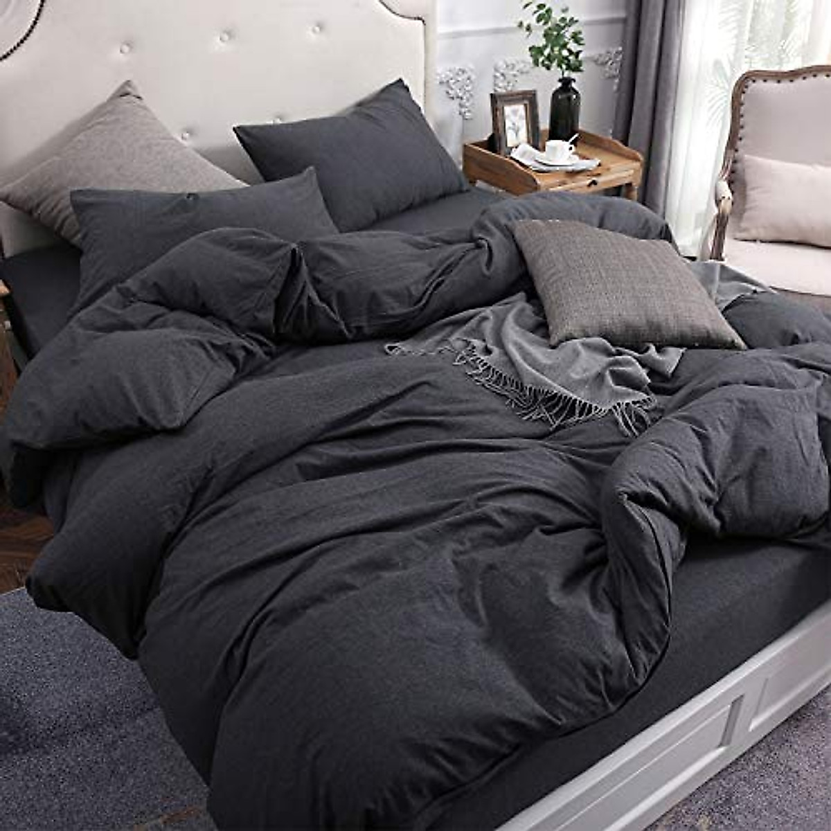 PURE ERA Jersey Knit Duvet Cover Set 100% T-Shirt Cotton Super Soft Comfy 3pc Bedding Set with Zipper Closure (Heather Charcoal Grey, Queen)