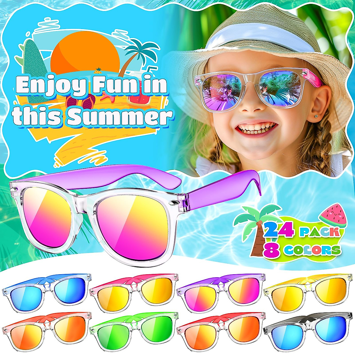 Joycover Kids Sunglasses Bulk, 24 Pack Kids Sunglasses Party Favor, Translucent Sunglasses for Kids with UV400 Protection, Graduation Party Supplies, Beach, Pool Party Favors, Party Favor for Kids 4-8