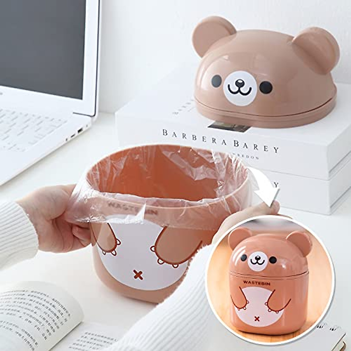 YISTOS Mini Countertop Trash Can with Lid, Desk Small Trash Can, Waste Garbage Bin, Room Decoration Big Ears Desktop Wastebasket for Countertop, Vanity, Office or Coffee Table - White, Bear-White