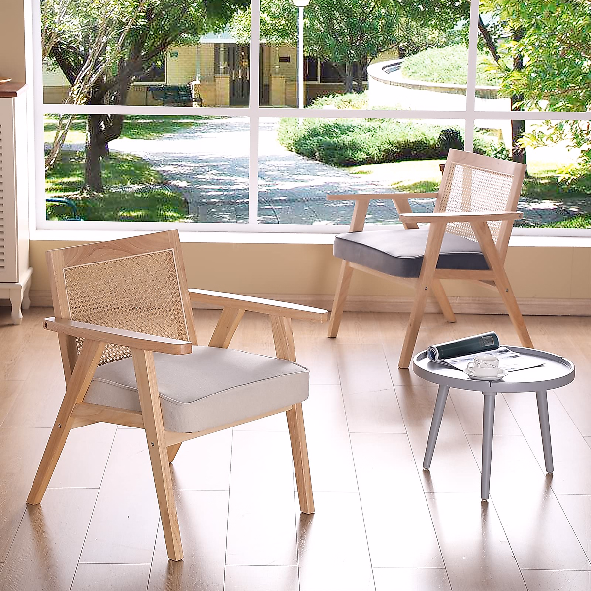 Guyou Mid Century Modern Rattan Chair, Upholstered Velvet Accent Chair with Rattan Back, Retro Living Room Chair for Bedroom/Fire Place/Reading Room (Beige)