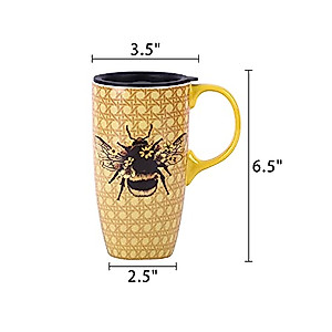 TZSSP Coffee Ceramic Mug Porcelain Latte Tea Cup With Lid 17oz. Bee