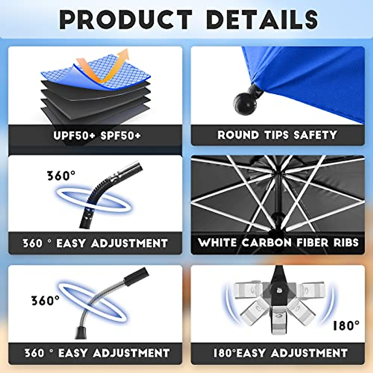 NBtoUS 2 PACK Beach Umbrella with Universal Clamp, UPF 50+ 360 ° Adjustable Beach Shade Umbrella，Portable Outdoor Umbrella for Beach Chair, Camping Chair, Wheelchair, Stroller, Patio Chairs, Golf Carts (Blue, Not Include Chair)